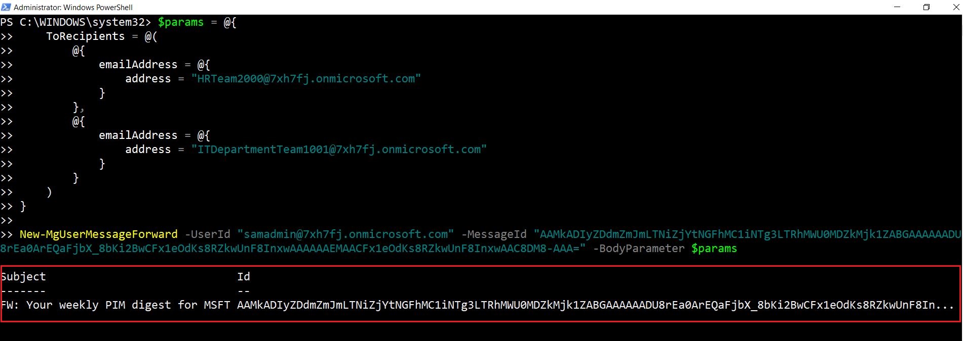 Using New-MgUserMessageForward in Graph PowerShell