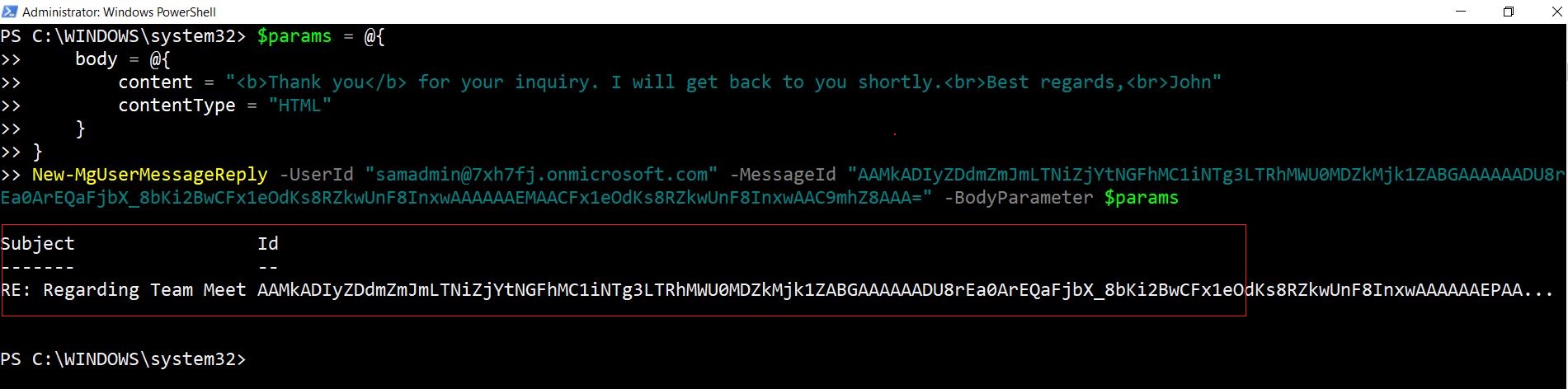 Using New-MgUserMessageReply in Graph PowerShell