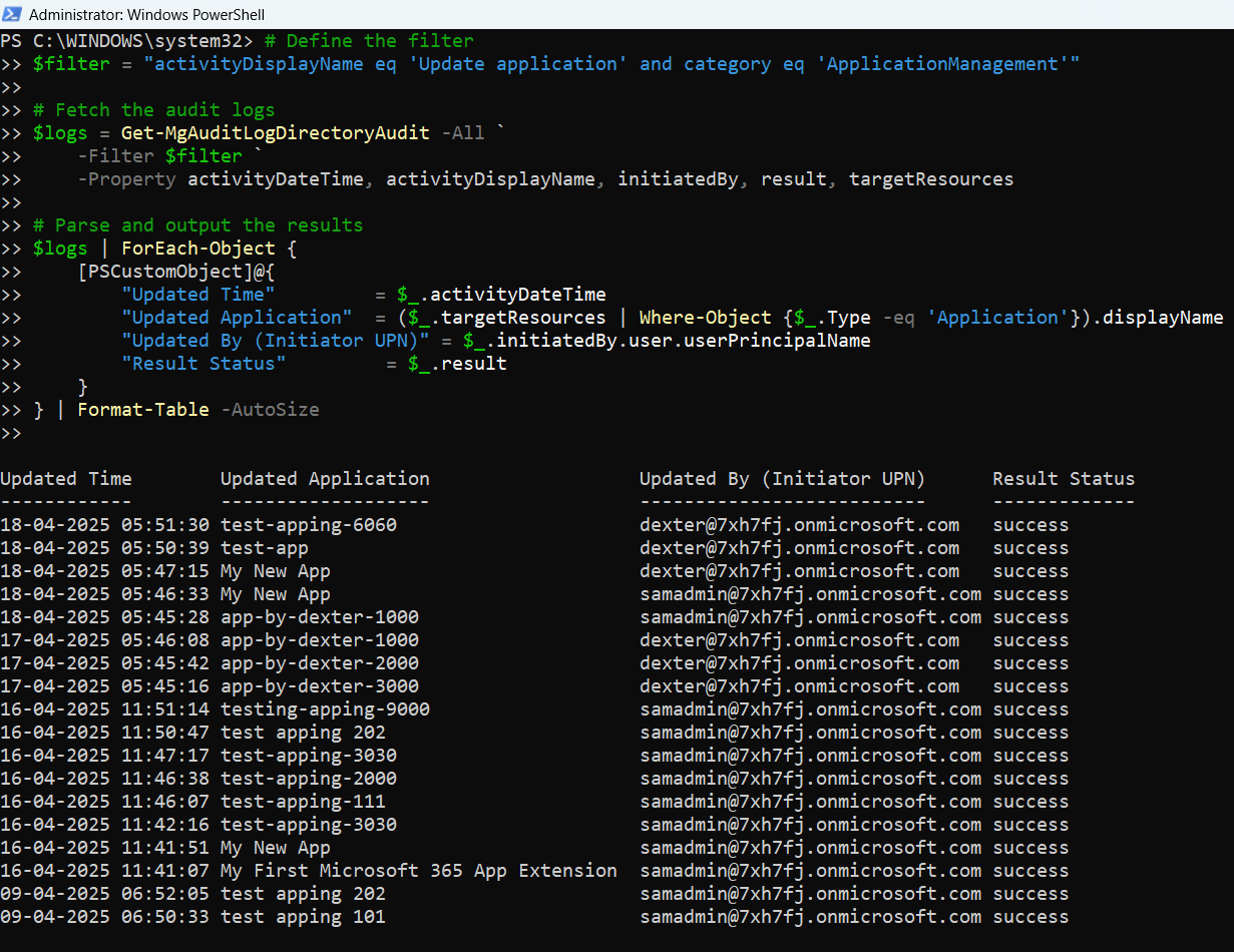 Track Update Application Audit Log Event Graph Powershell 1371